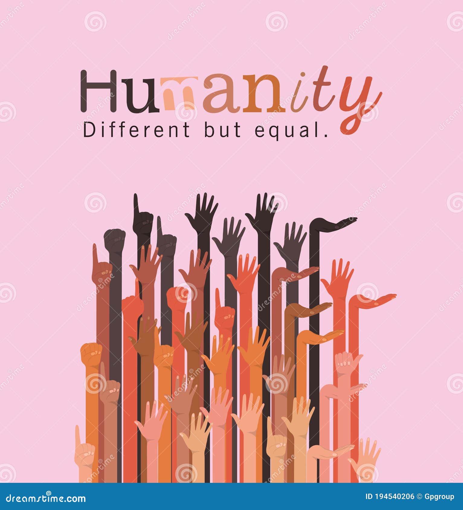 Humanity Different but Equal and Diversity Hands Up Vector Design Stock ...