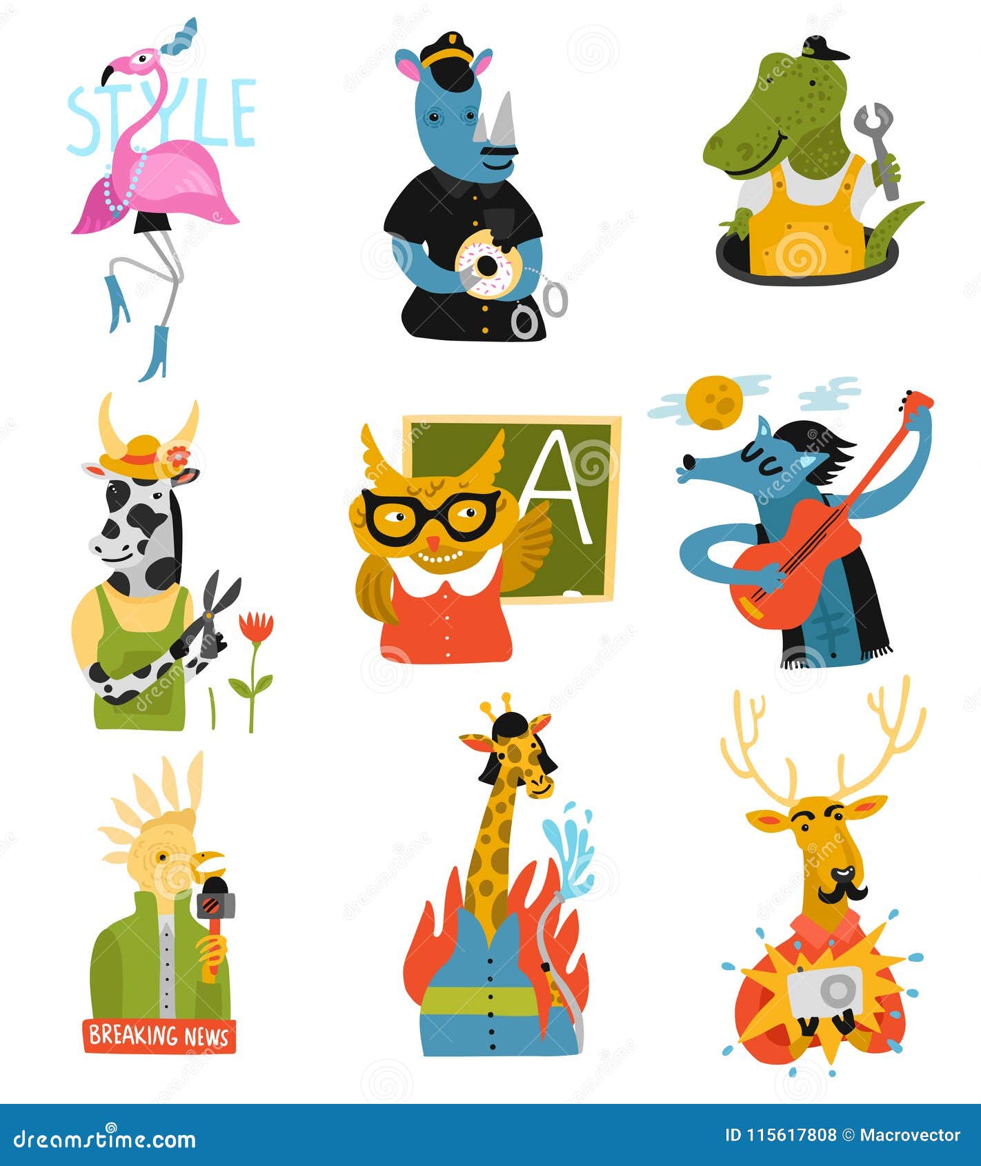 Humanized Animals Collection Of Artistic Funny Stickers Cartoon Vector ...