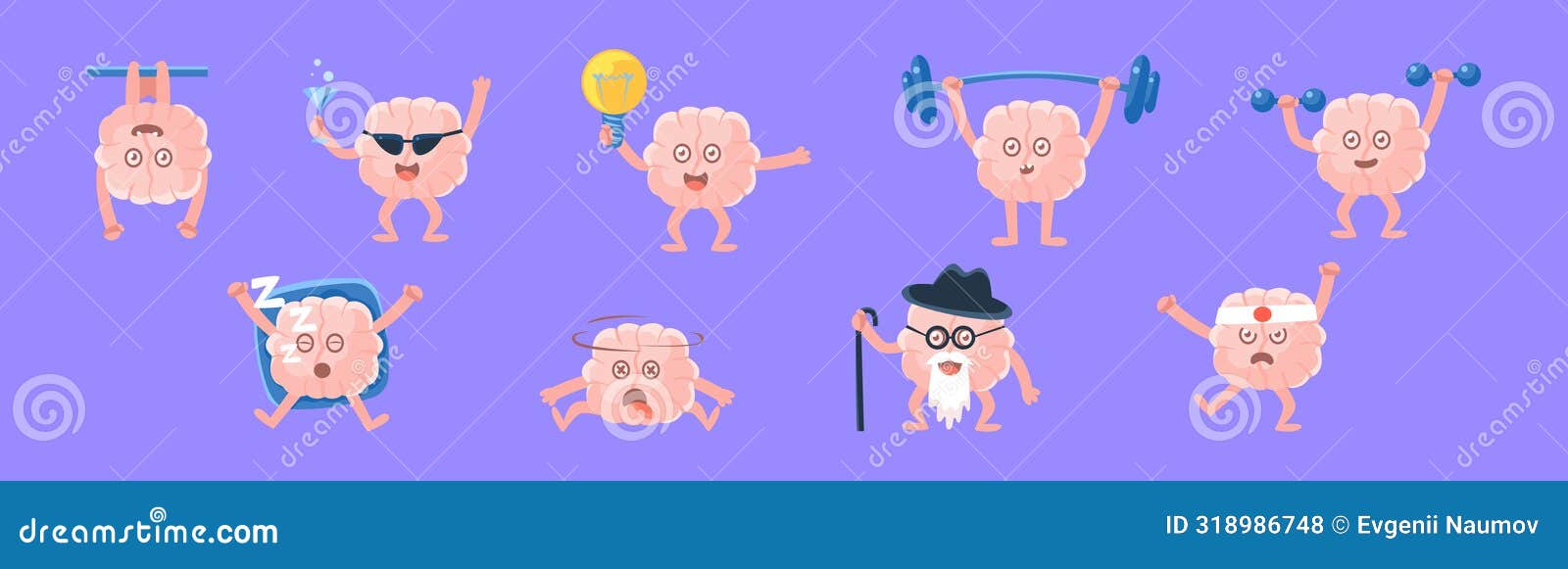 Humanized Brain Character With Various Action Vector Set Stock Photo ...