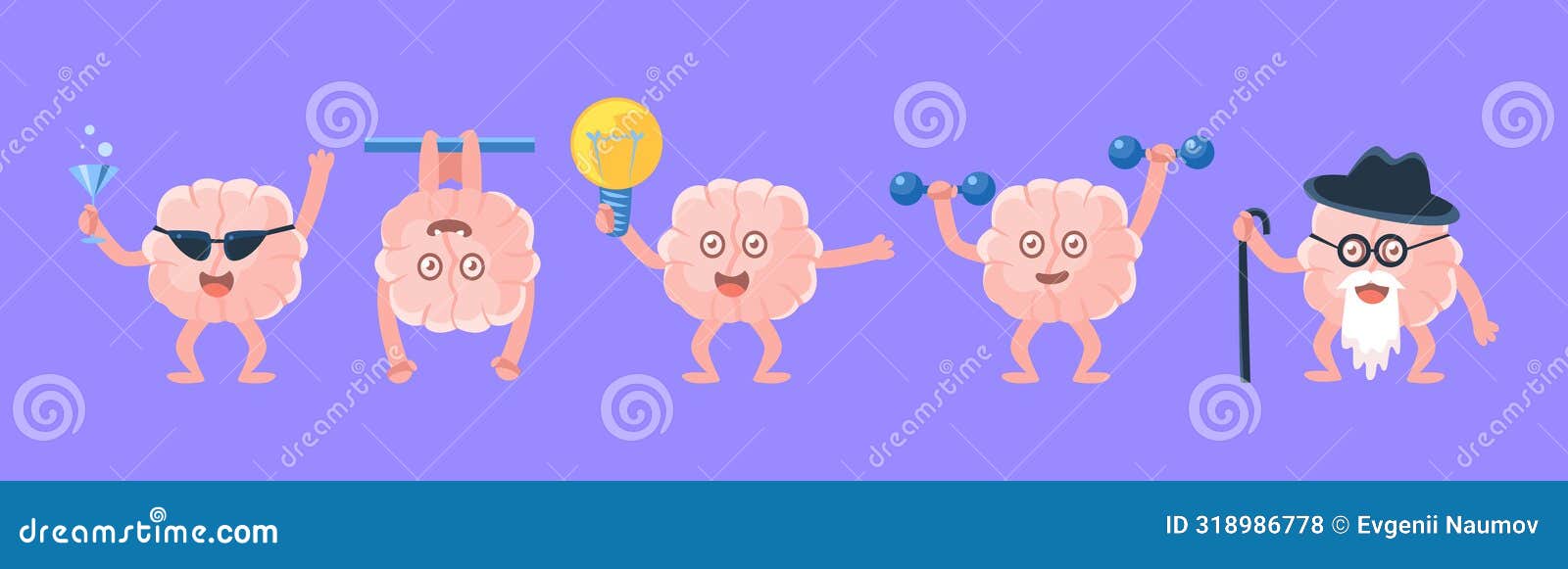 Humanized Brain Character with Various Action Vector Set Stock Vector ...