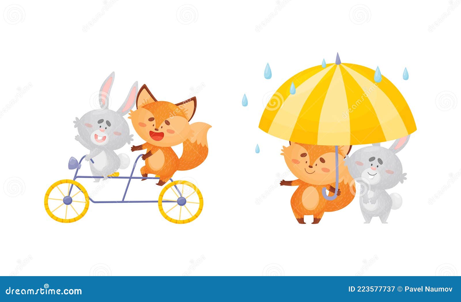 Humanized Fox And Hare Engaged In Different Activities Vector Set ...