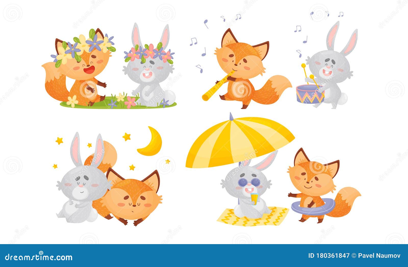 Humanized Fox And Hare Engaged In Different Activities Vector Set ...