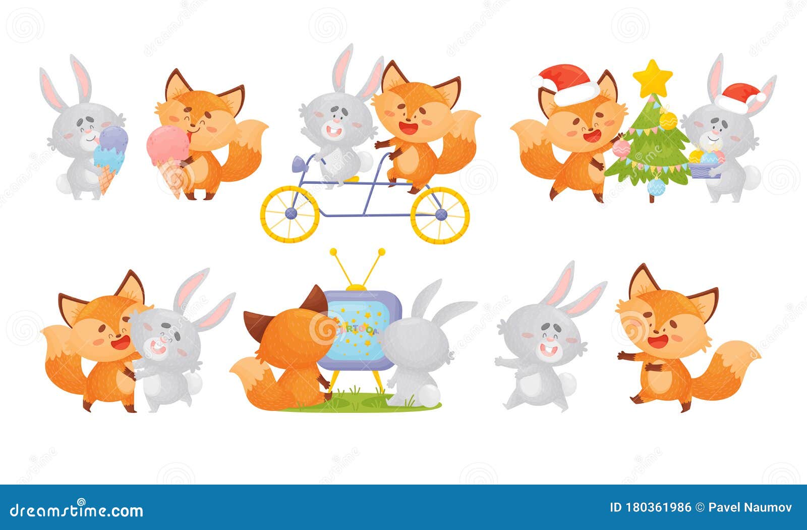 Humanized Fox And Hare Engaged In Different Activities Vector Set ...