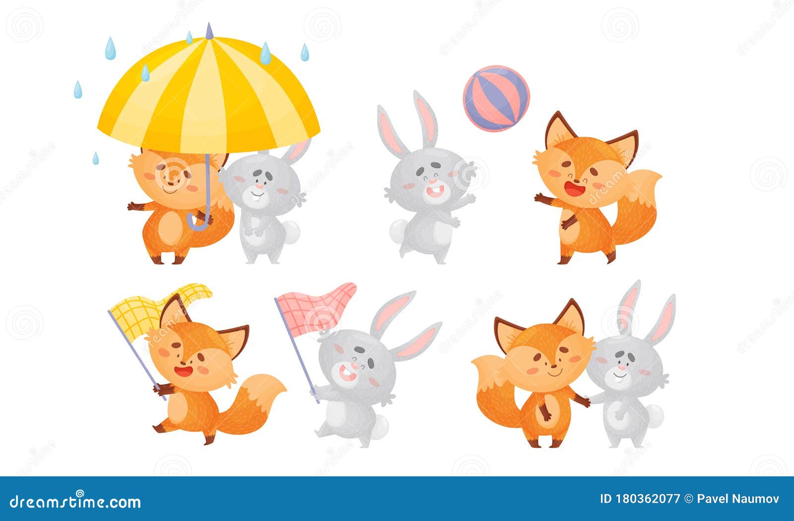 Humanized Fox And Hare Engaged In Different Activities Vector Set ...