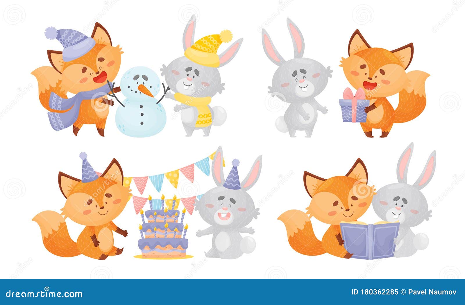 Humanized Fox And Hare Engaged In Different Activities Vector Set ...