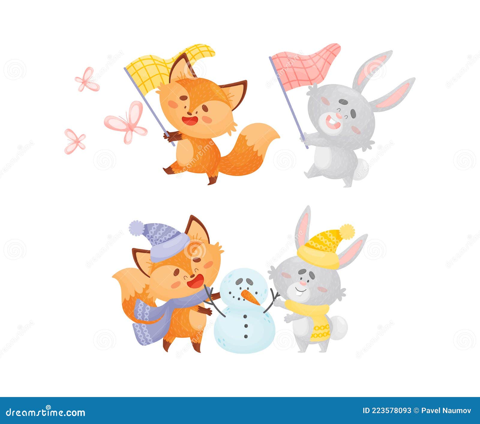 Humanized Fox and Hare Engaged in Different Activity Building Snowman ...