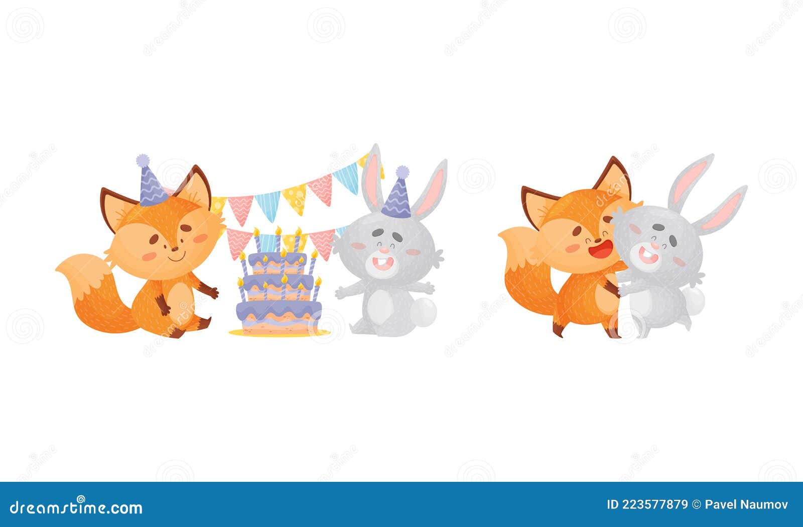 Humanized Fox And Hare Engaged In Different Activities Vector Set ...