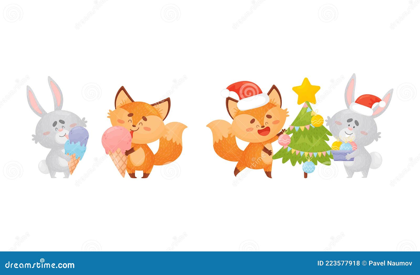 Humanized Fox And Hare Engaged In Different Activities Vector Set ...
