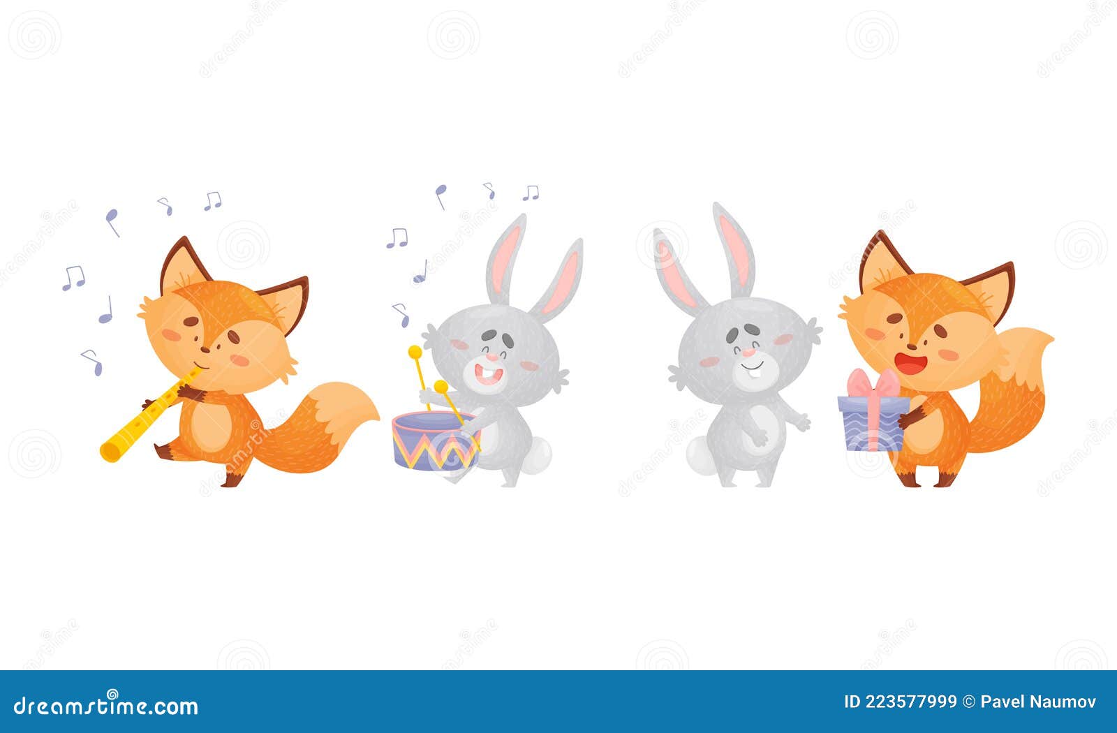 Humanized Fox And Hare Engaged In Different Activities Vector Set ...