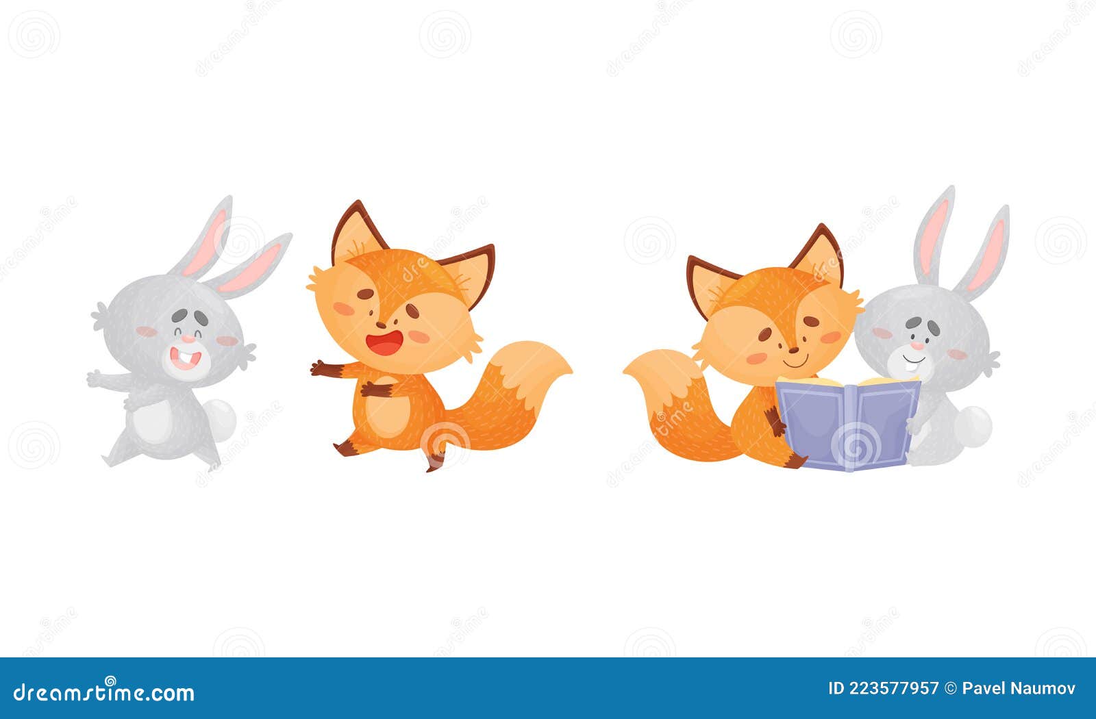 Humanized Fox And Hare Engaged In Different Activities Vector Set ...