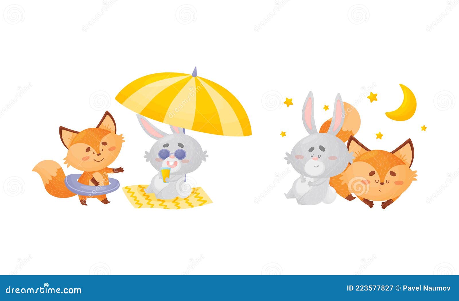 Humanized Fox And Hare Engaged In Different Activities Vector Set ...