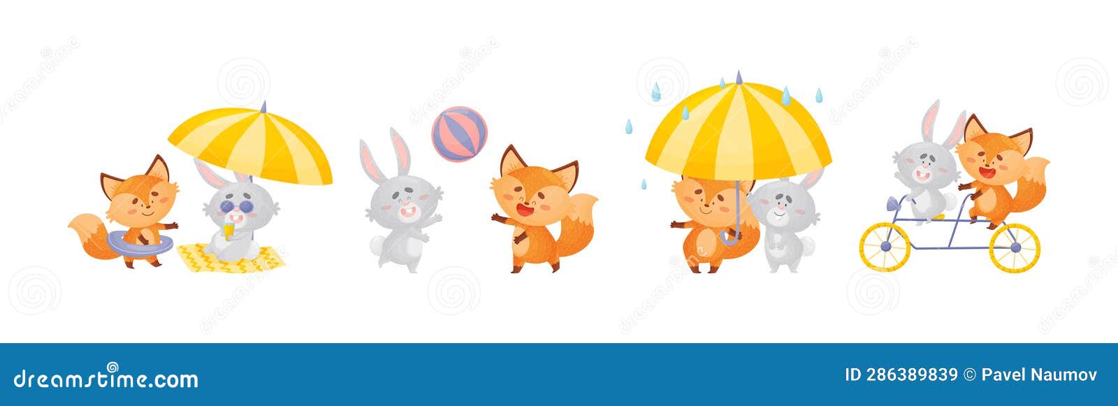 Humanized Fox And Hare Engaged In Different Activities Vector Set ...