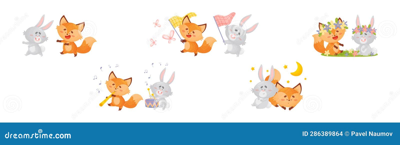 Humanized Fox And Hare Engaged In Different Activity Vector Set ...