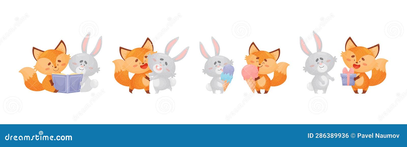 Humanized Fox And Hare Engaged In Different Activities Vector Set ...