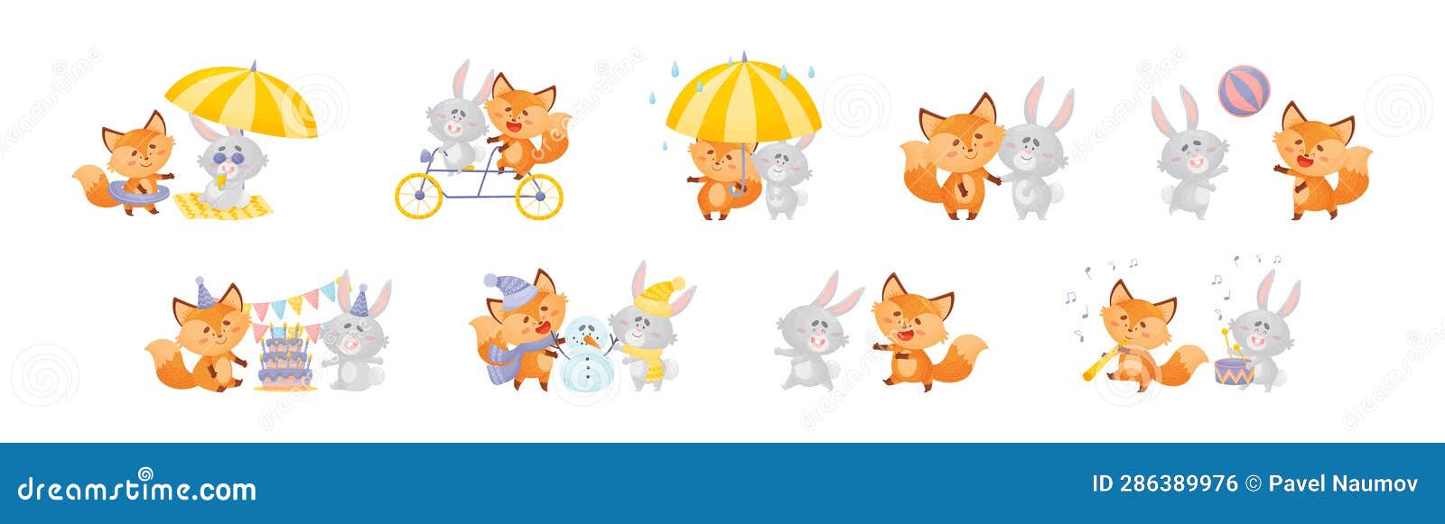 Humanized Fox And Hare Engaged In Different Activities Vector Set ...