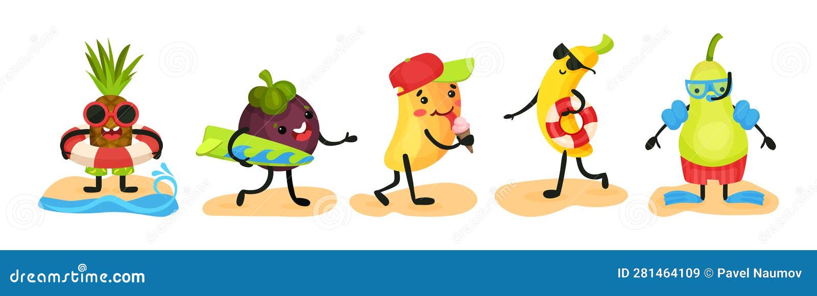 Humanized Fruit Characters Spending Time on Beach Vector Set Stock ...