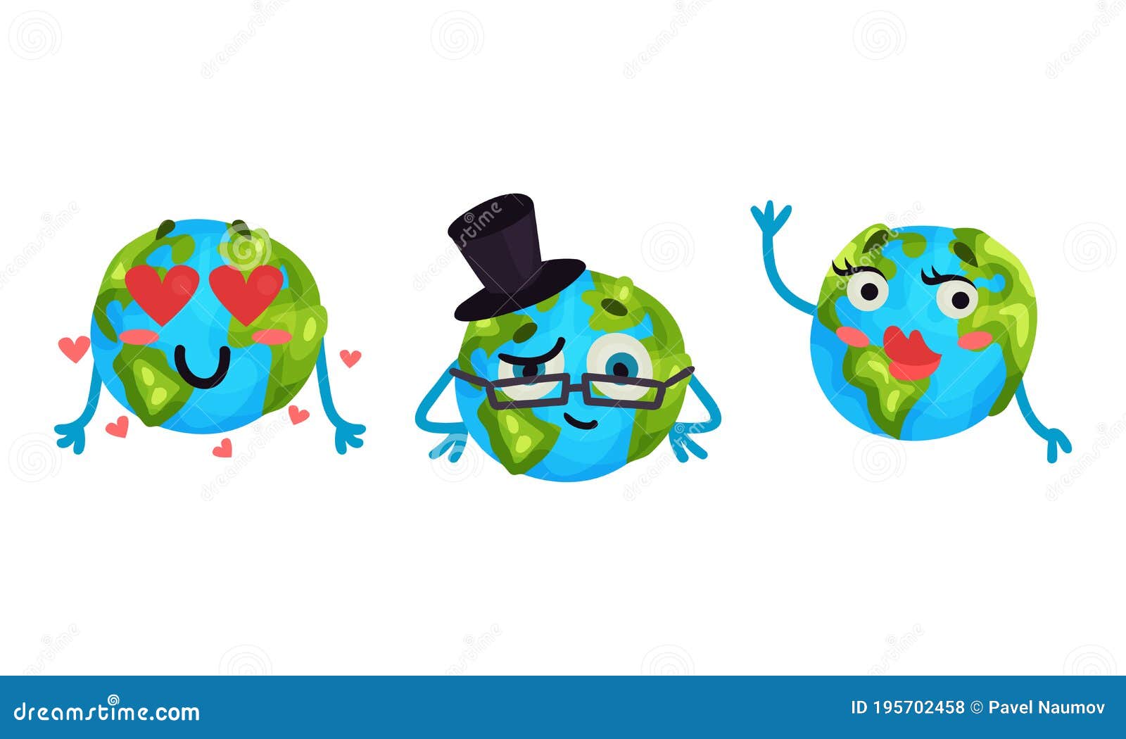 Humanized Globe Sphere Falling in Love and Waving Hand Vector Set Stock ...