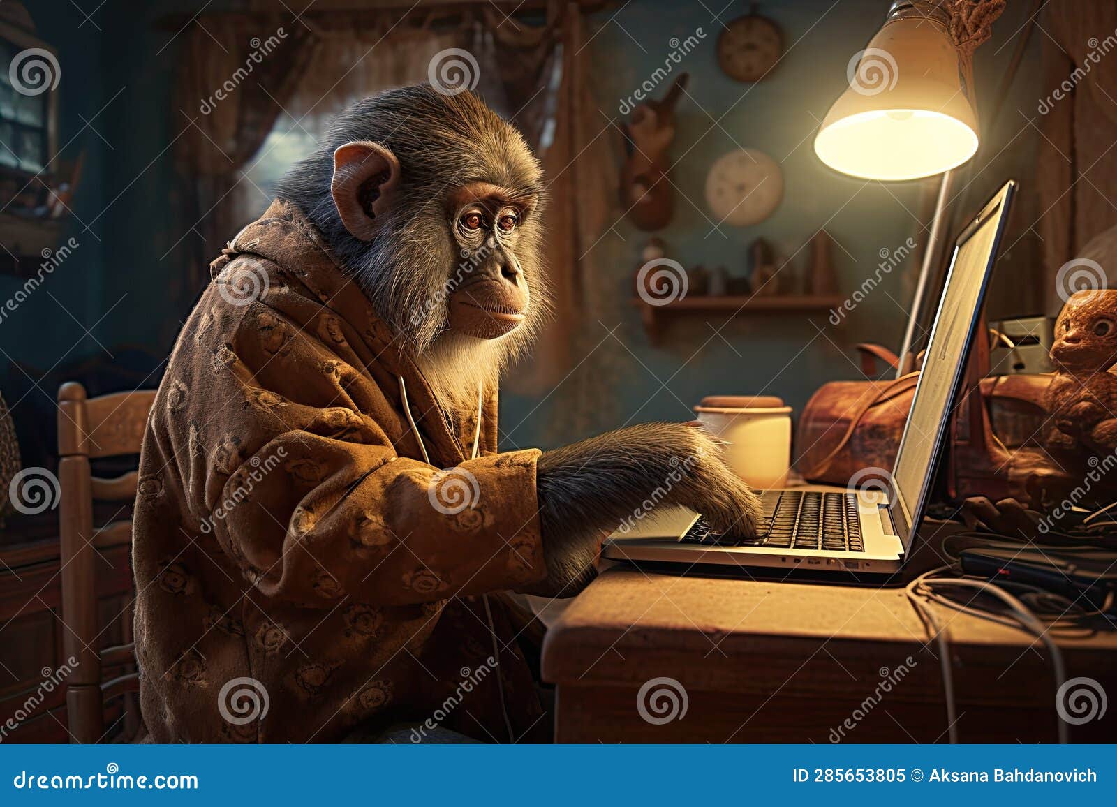 Humanized Monkey Working at Home on a Computer Stock Image - Image of ...