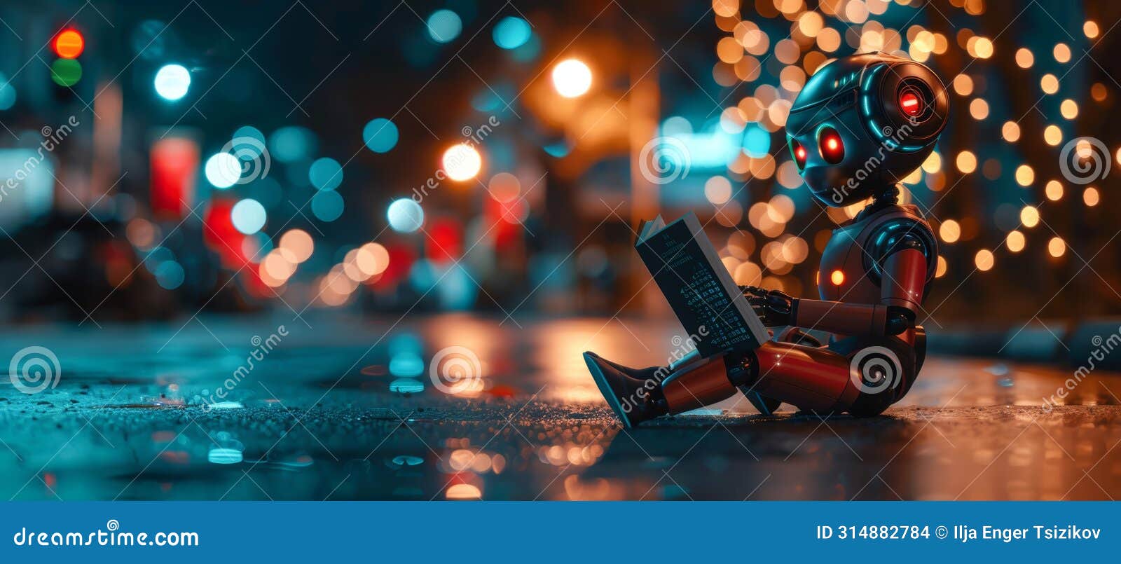 Humanoid Ai Robot with Book Surrounded by Holographic Math Formulas in ...