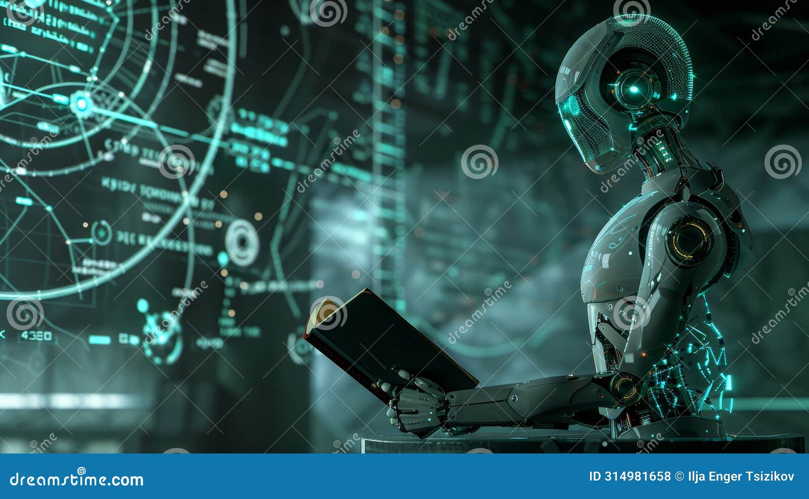 Humanoid Ai Robot with Book Surrounded by Holographic Math Formulas on ...