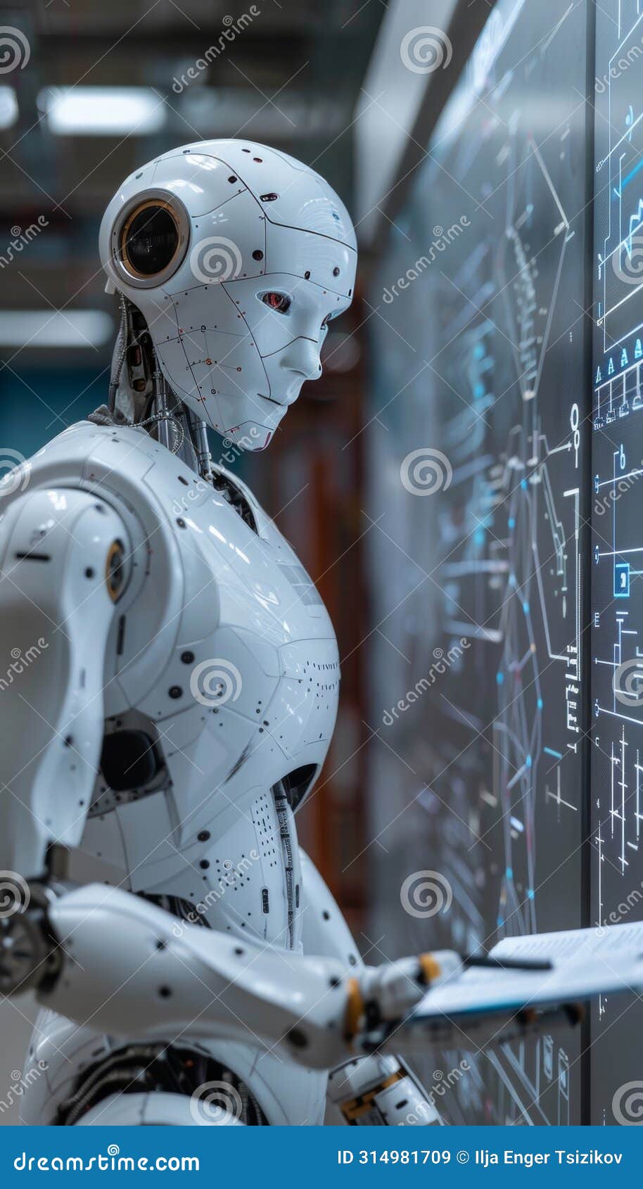 Humanoid Ai Robot with Book Surrounded by Holographic Math Formulas on ...