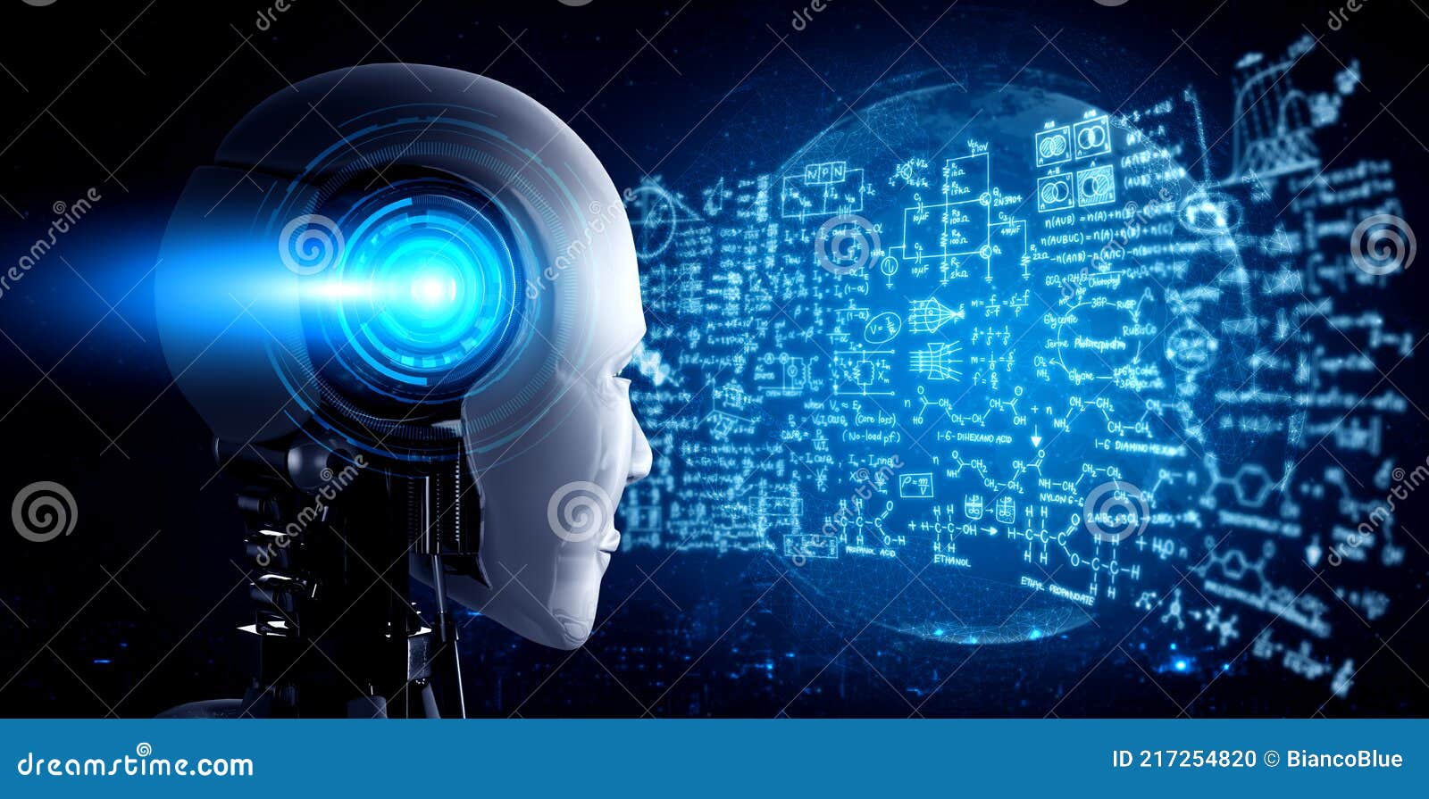 Humanoid AI Robot Looking at Hologram Screen in Concept of Math ...