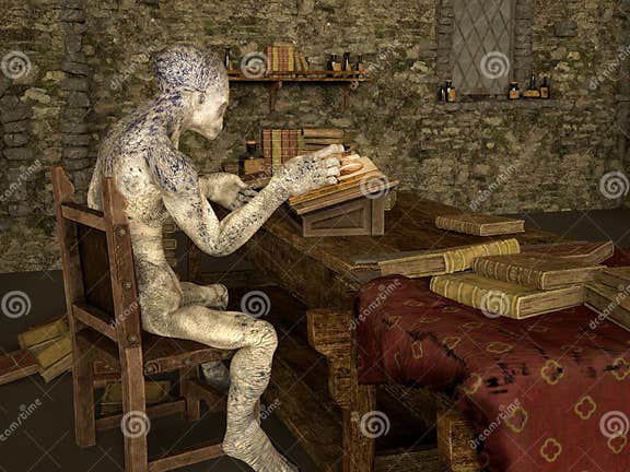 Humanoid Alien Reading a Book in Old House with Medieval Books Stock ... Humanoid Alien Reading a Book in Old House with Medieval Books Stock ...