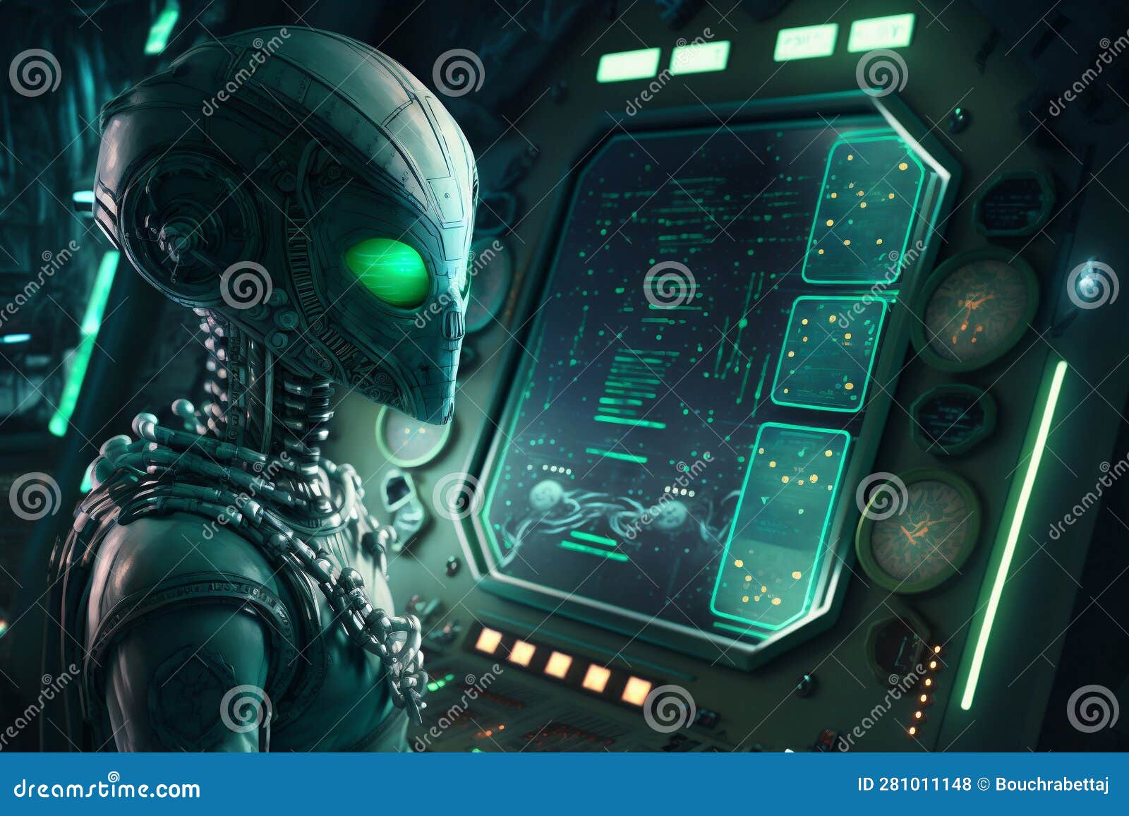 Humanoid Alien Using Futuristic Control Panel in Spaceship, Alien ...
