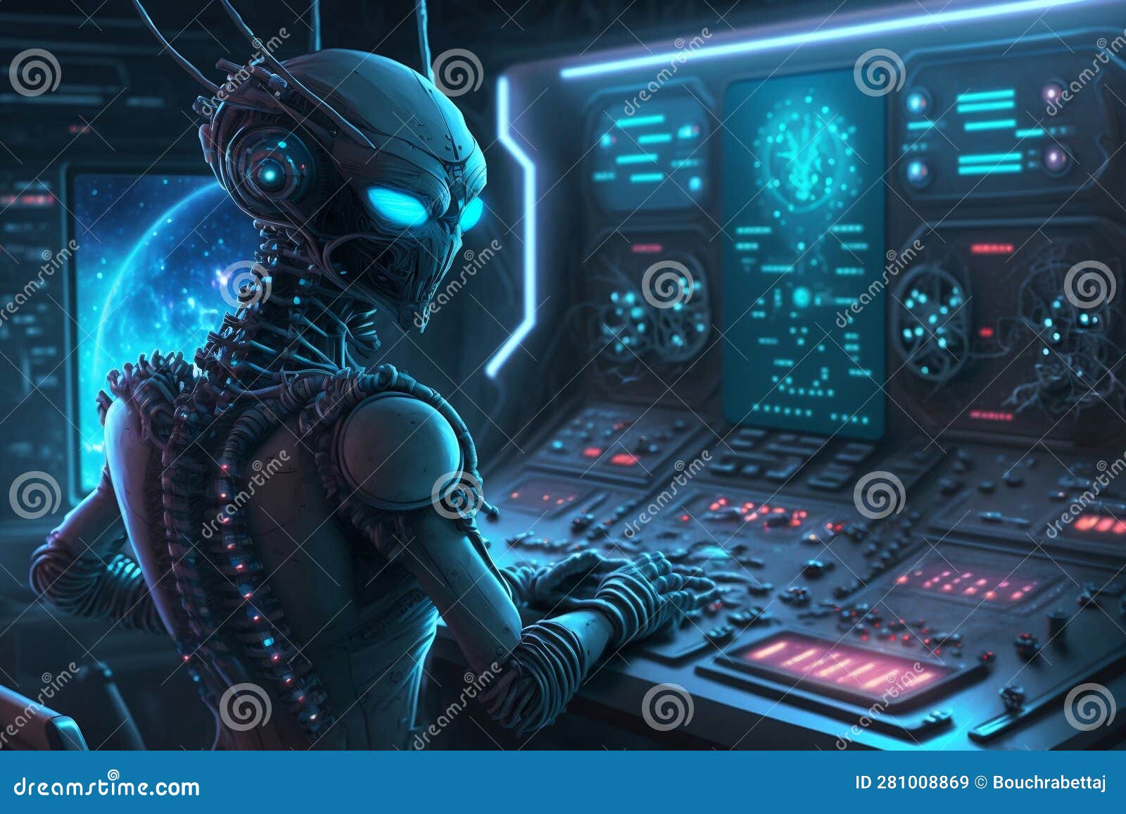 Humanoid Alien Works with Futuristic Control Panel, Alien Humanoid ...