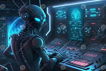 Humanoid Alien Works with Futuristic Control Panel, Alien Humanoid ...