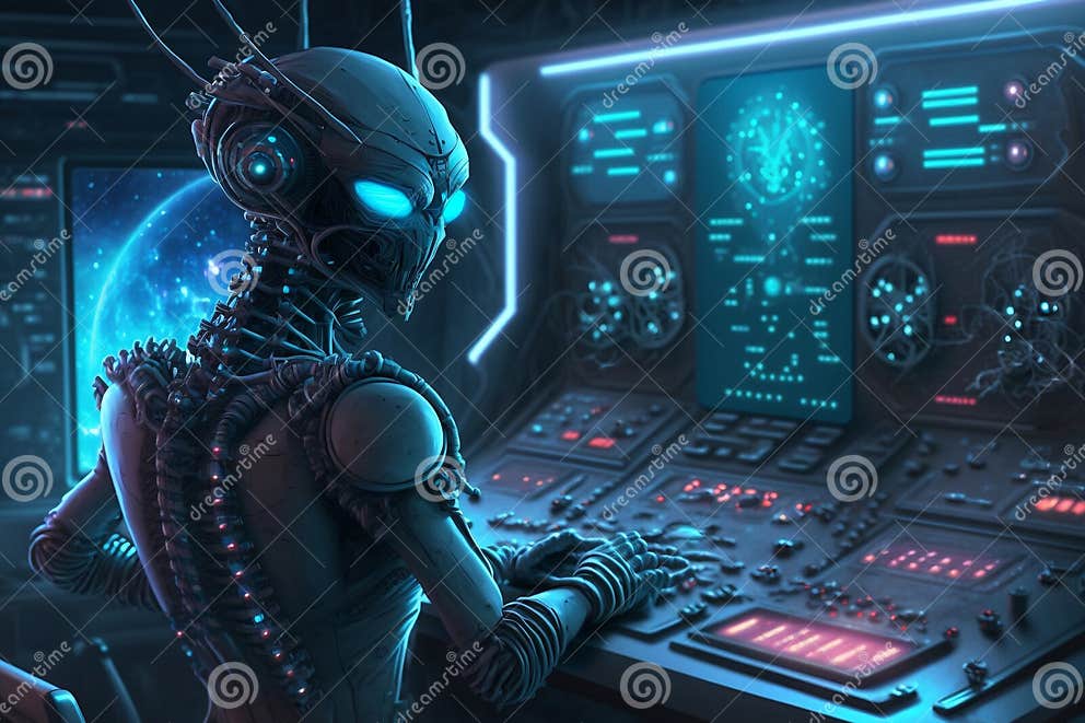 Humanoid Alien Works with Futuristic Control Panel, Alien Humanoid ...
