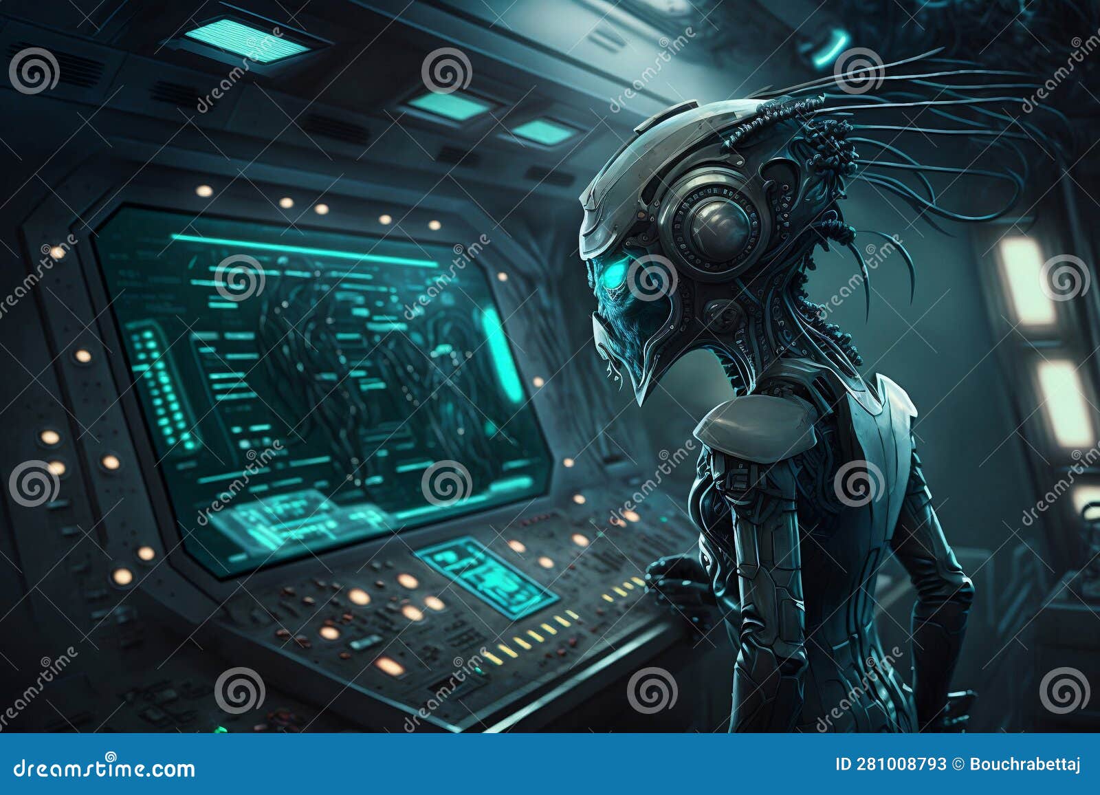 Humanoid Alien Works with Futuristic Control Panel in Spaceship, Alien ...