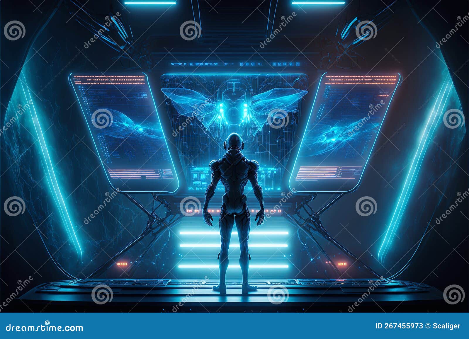 Humanoid Alien Works with Futuristic Control Panel, Virtual Interface ...