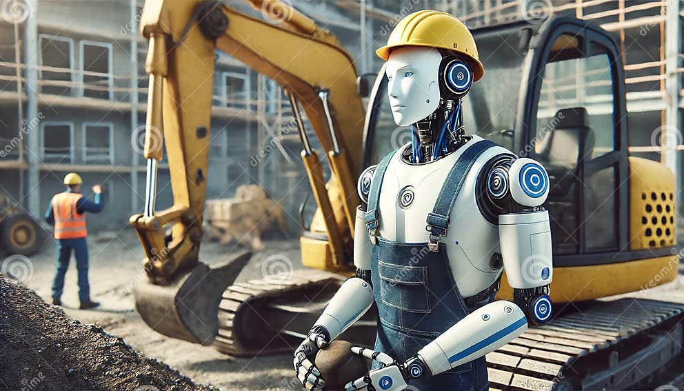 Humanoid Android Robot Construction Worker Operating Heavy Machinery on ...