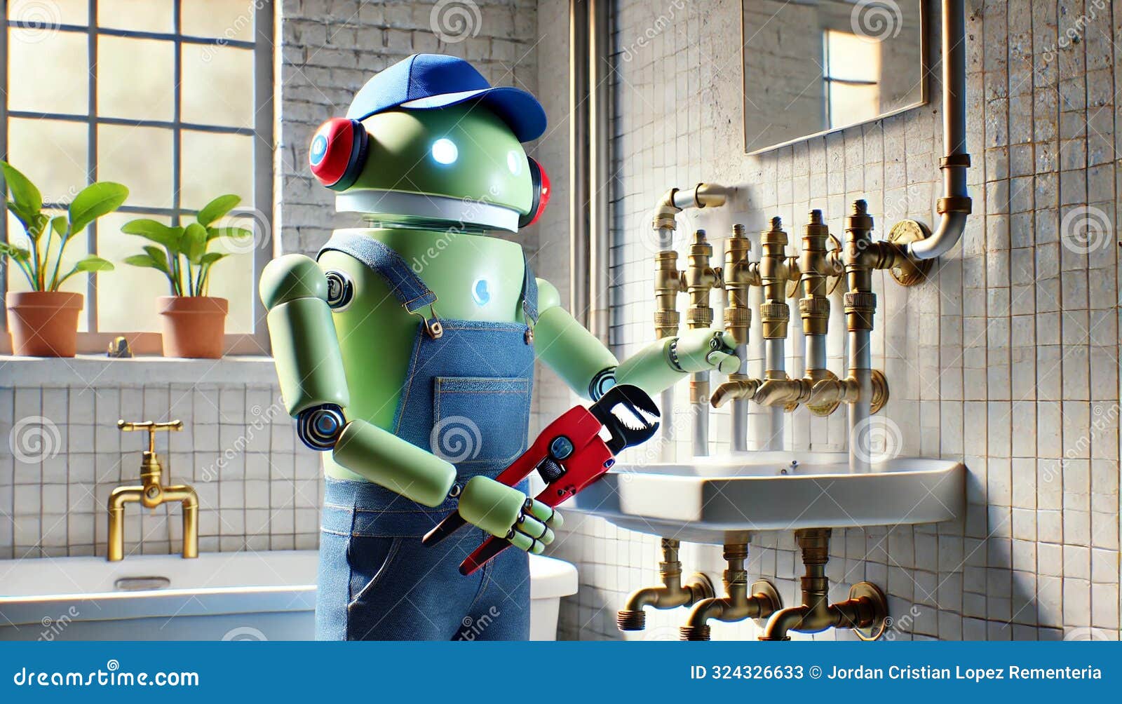 Humanoid Android Robot Plumber Working on Pipes in Modern Bathroom ...