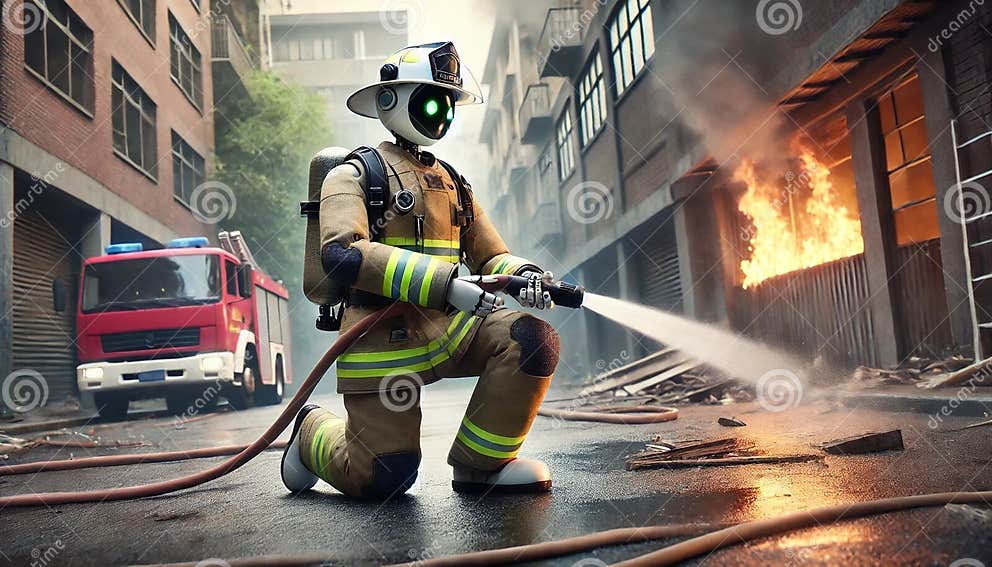Humanoid Android Robot Firefighter Putting Out Fire in Urban Setting ...