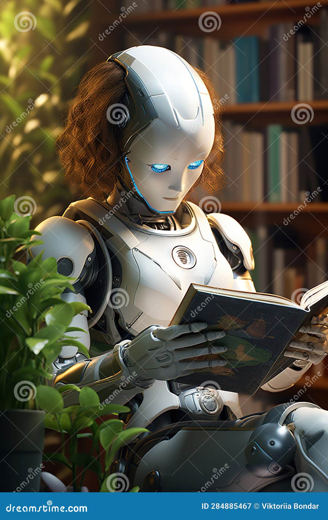 Humanoid Android Robot Reading a Book in Interior, Stock Illustration ...