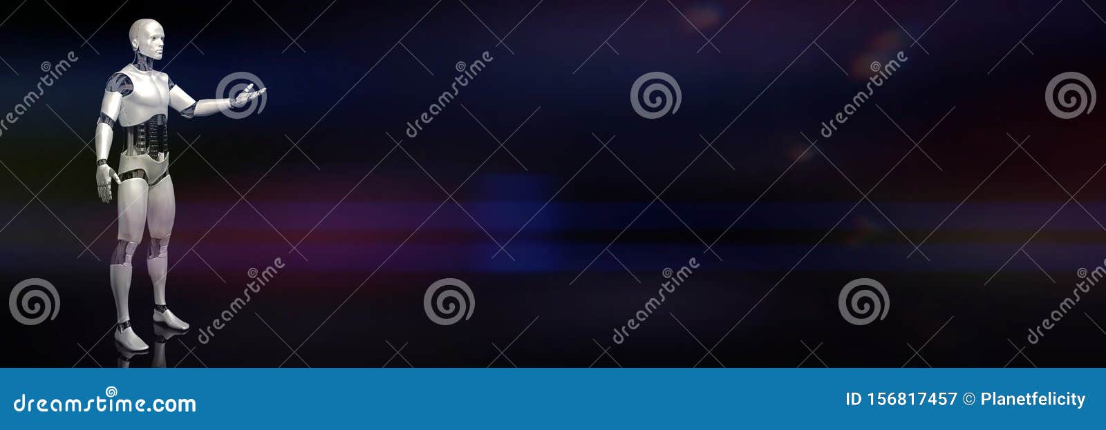 Robot, Cyborg Man on a Black Stage Background Presenting an Empty Space ...