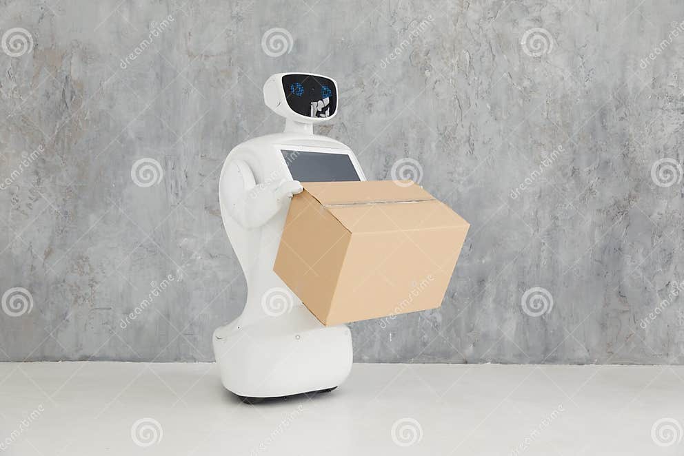 The Robot Delivers the Parcel. Delivery Concept. Humanoid Autonomous ...