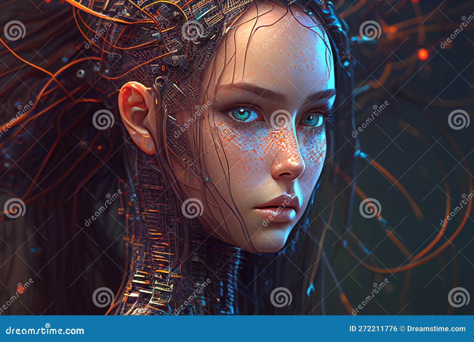 Humanoid Cyber Girl with a Neural Network Thinks. Artificial ...