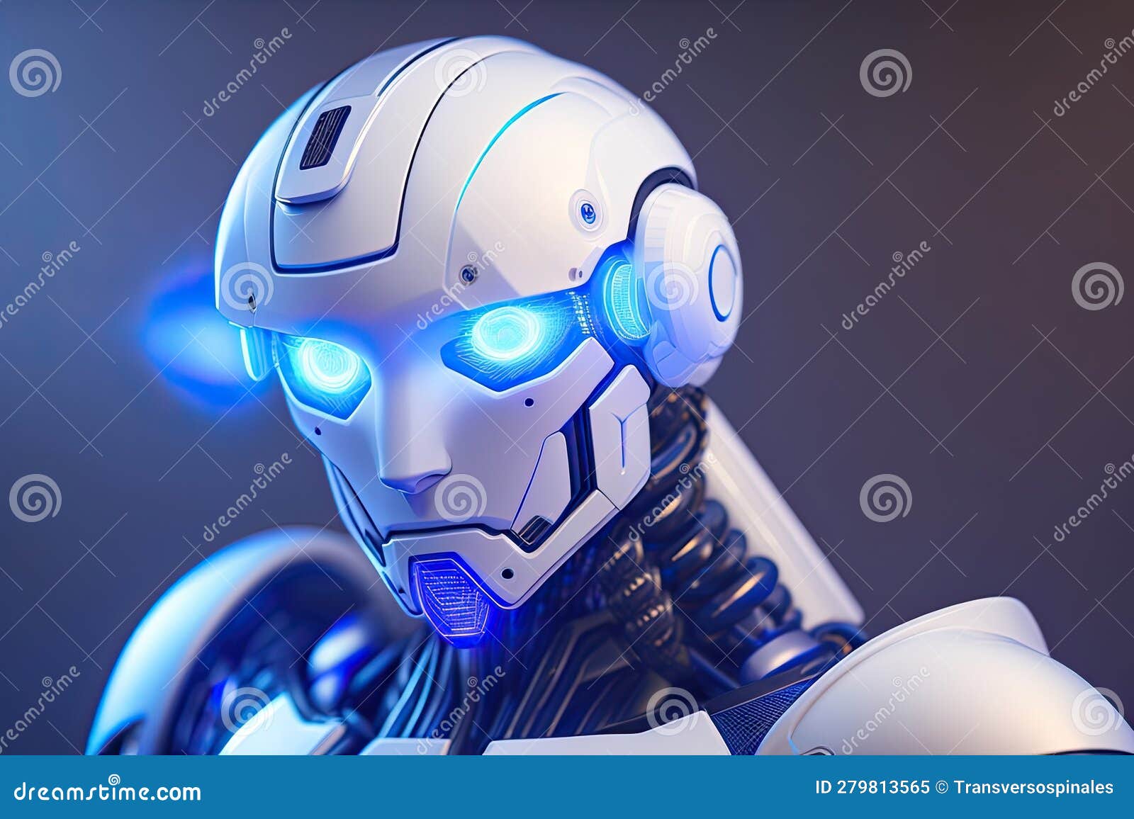 Humanoid Cyborg with Blue Glowing. White Robot Generative AI Stock ...