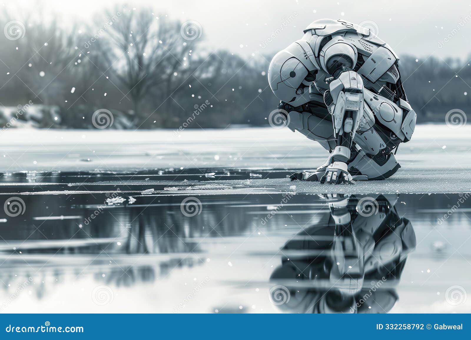 Humanoid Robot Crouched and Reflecting on Ice, AI Generated Stock ...