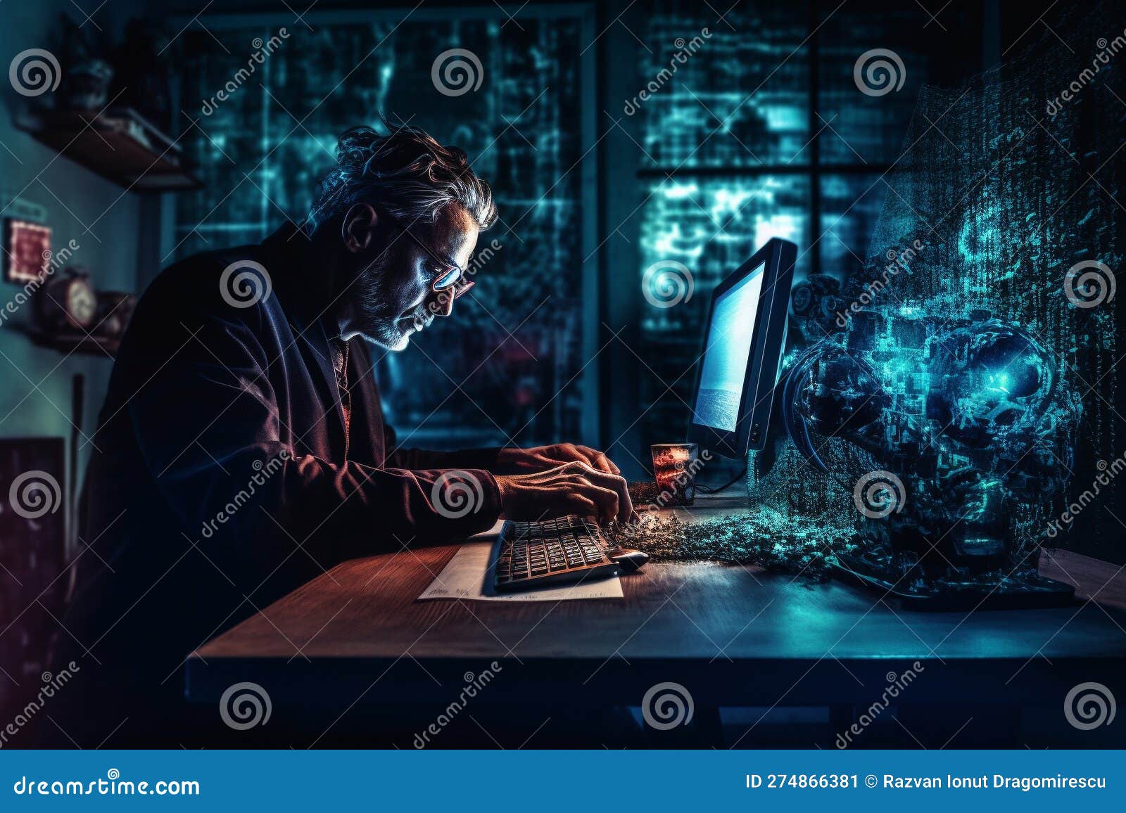 Humanoid Cyborg with Half Robot Face Typing on a Computer, Representing ...