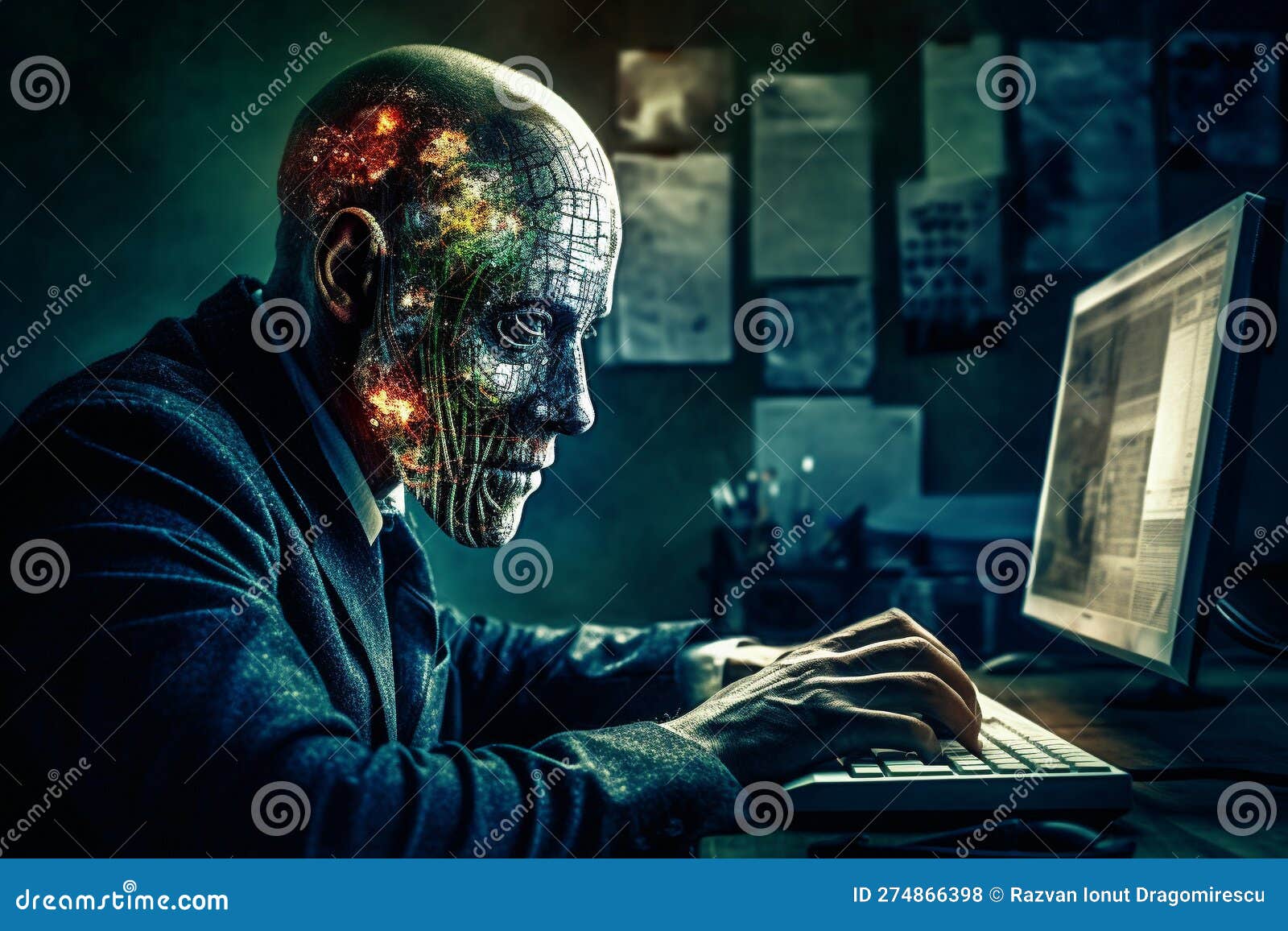 Humanoid Cyborg with Half Robot Face Typing on a Computer, Representing ...