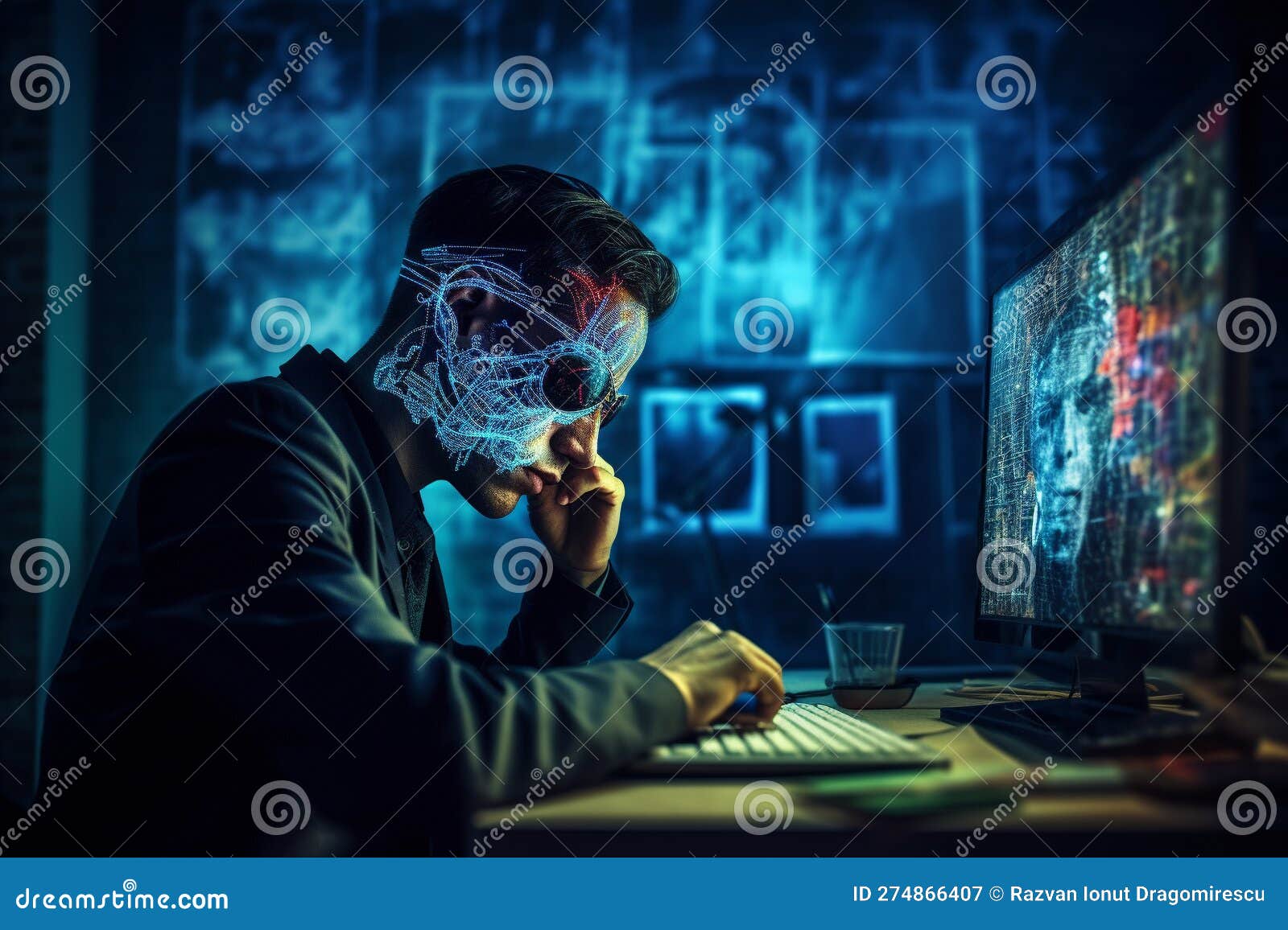 Humanoid Cyborg with Half Robot Face Typing on a Computer, Representing ...