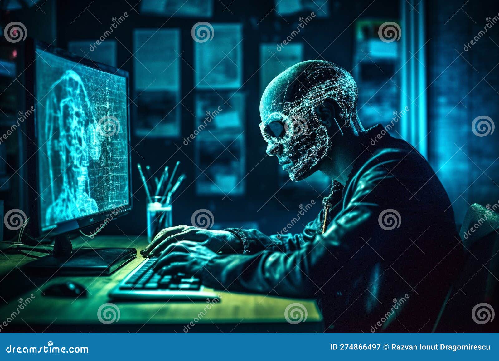 Humanoid Cyborg with Half Robot Face Typing on a Computer, Representing ...