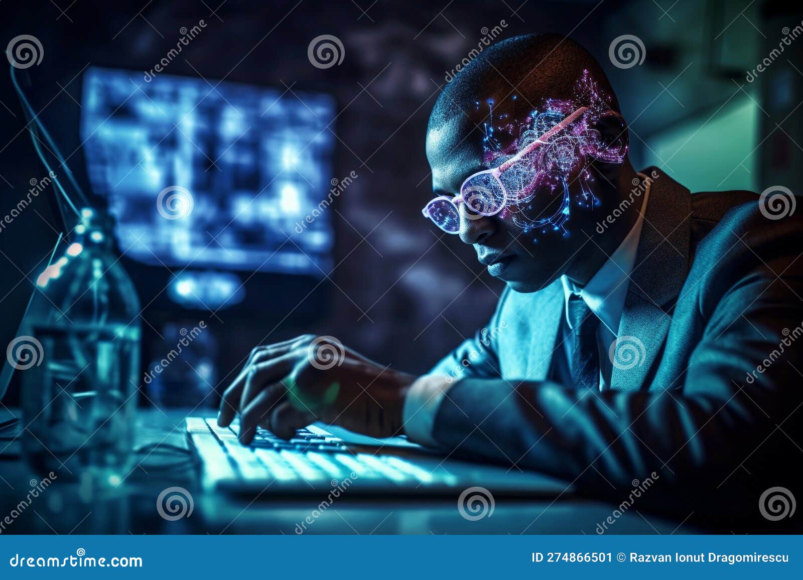 Humanoid Cyborg with Half Robot Face Typing on a Computer, Representing ...