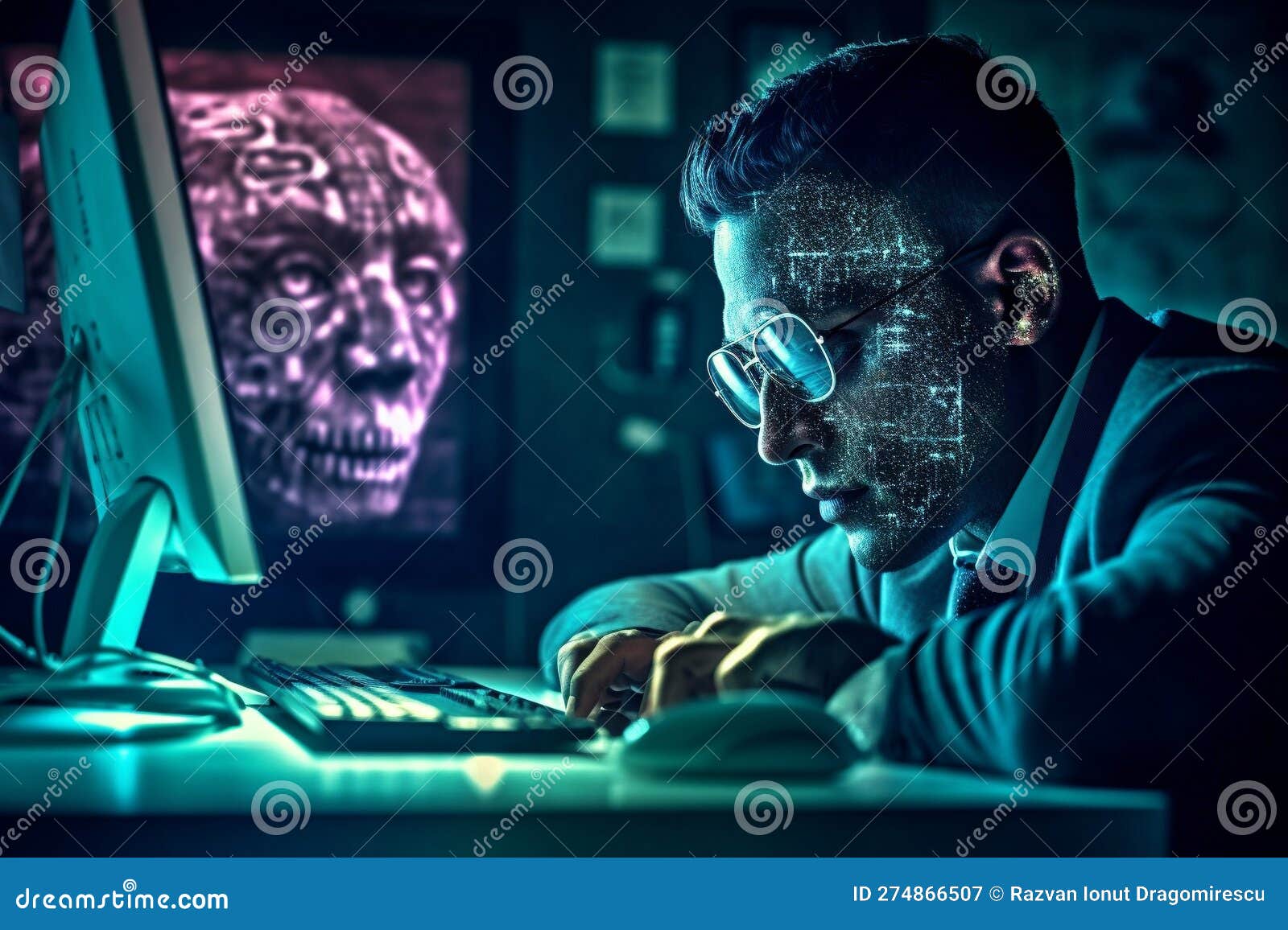 Humanoid Cyborg with Half Robot Face Typing on a Computer, Representing ...