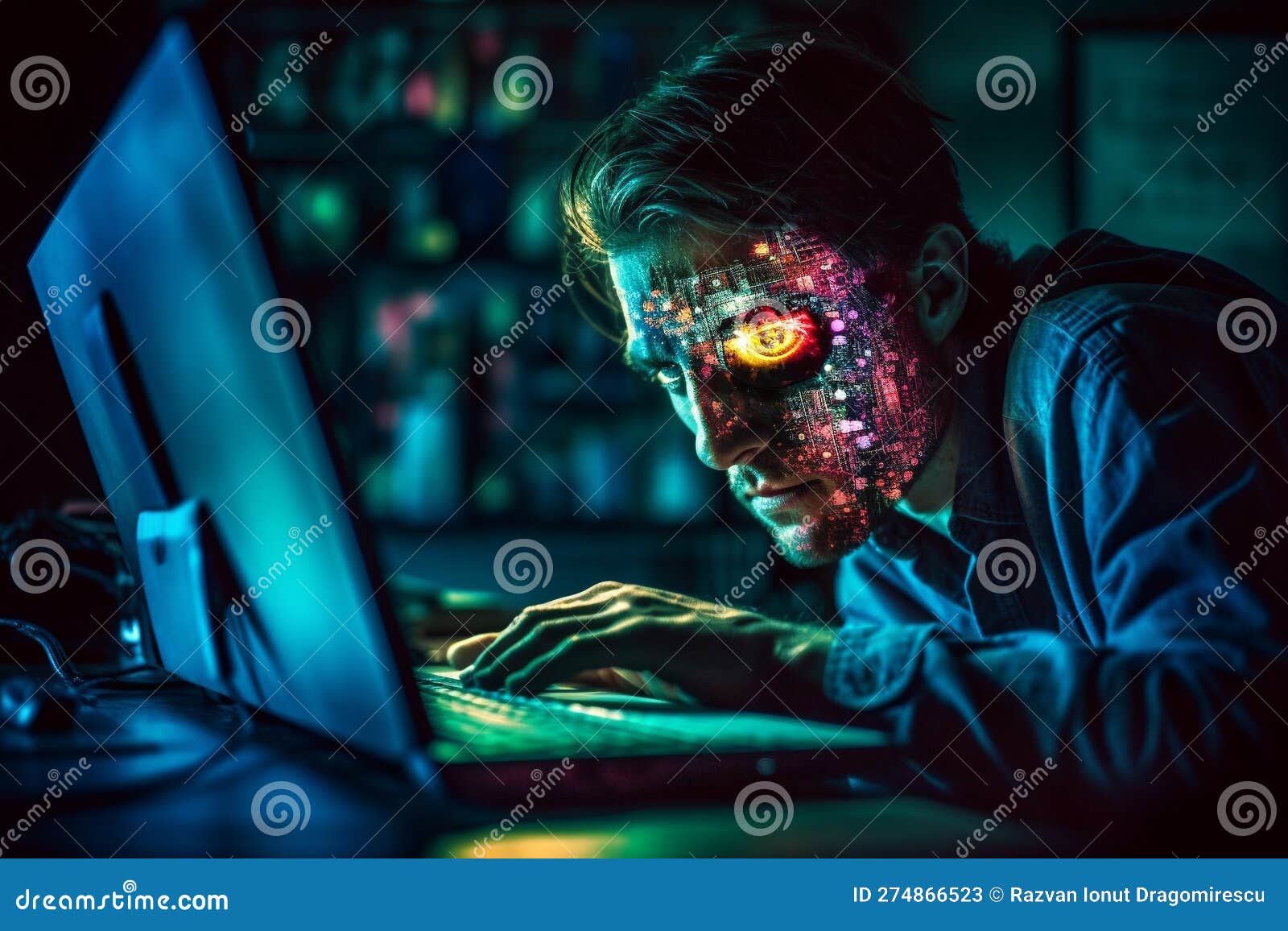 Humanoid Cyborg with Half Robot Face Typing on a Computer, Representing ...