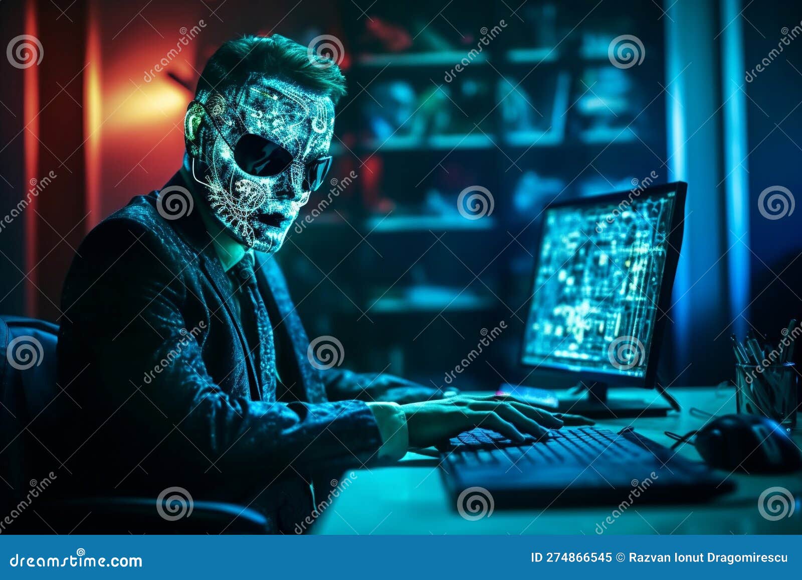Humanoid Cyborg with Half Robot Face Typing on a Computer, Representing ...